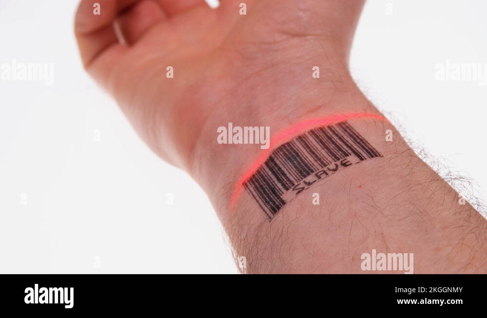 the scanner scans the wrist of a person with a barcode labeled slave ...