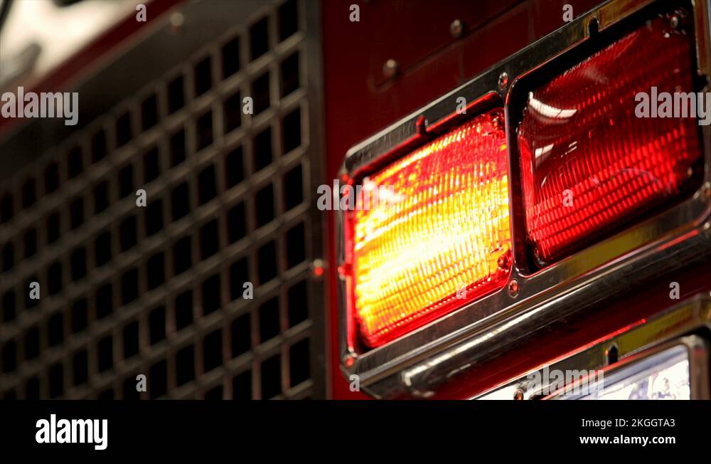 Emergency lights of a fire truck close up. Red flashing Fire engine ...