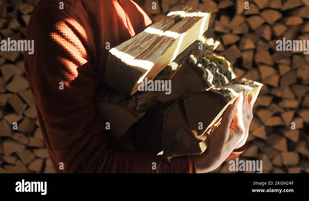 Man carrying firewood logs for heat in winter. Pile of chopped fire ...