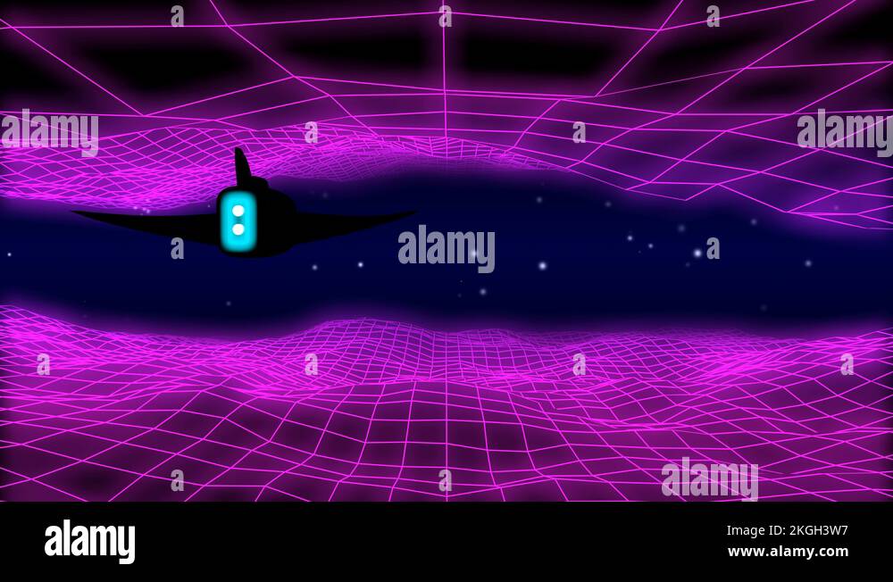 Retro 1980s synthwave glowing neon lights landscape fly-over animation ...