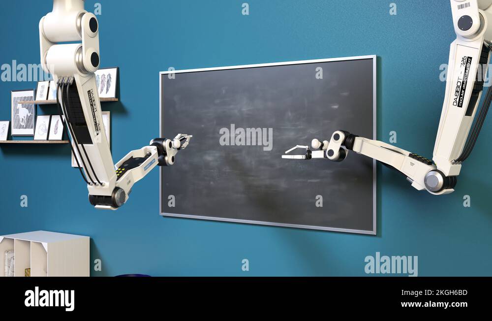 Sci-fi concept of the advanced futuristic robot writing simple math ...
