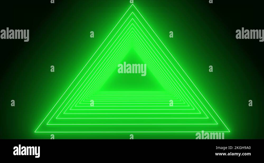 Shining green neon triangle pyramid frame appearing on the dark blue ...