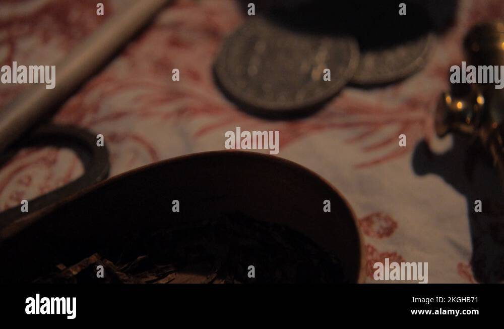 18th Century Tabletop with Candle, Pipe and Gambling Coins in Tavern ...