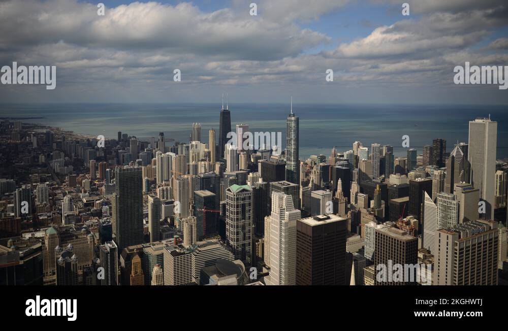 8K Time Lapse Aerial View of Chicago Skyline Office Buildings Iconic US ...