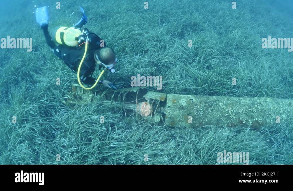 world war torpedo underwater submarine not exploded laying on sea grass ...