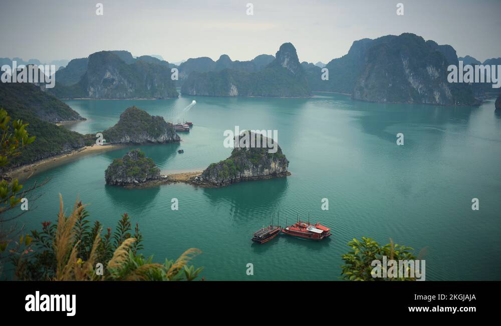 Time Lapse Aerial View of Ha Long Bay Vietnam Islands Junk Boat In Port ...