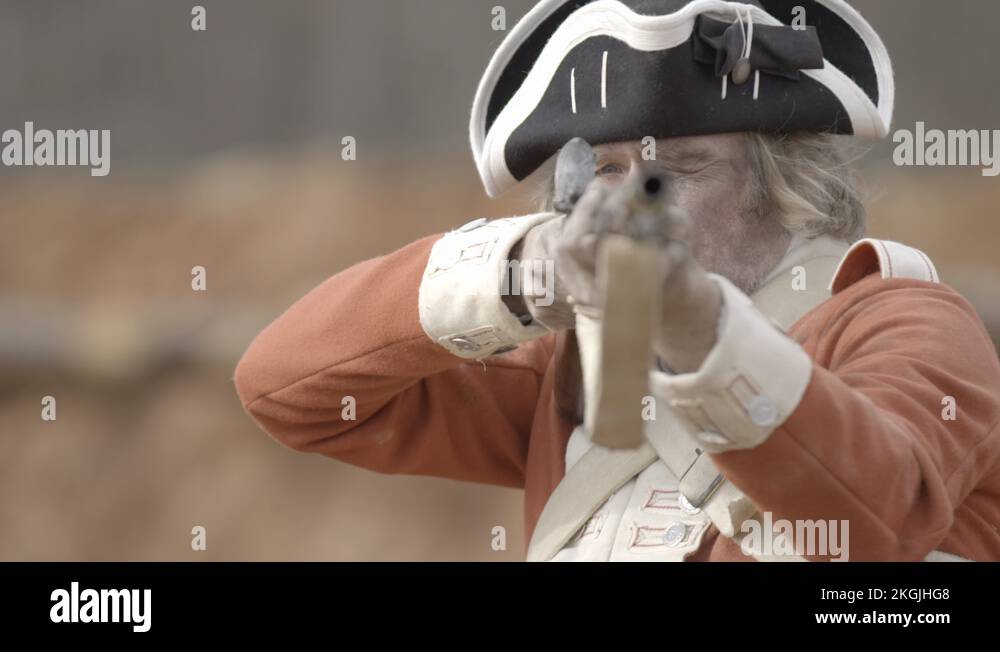 Revolutionary War portrayal - in battle, British Redcoat FIRES musket ...