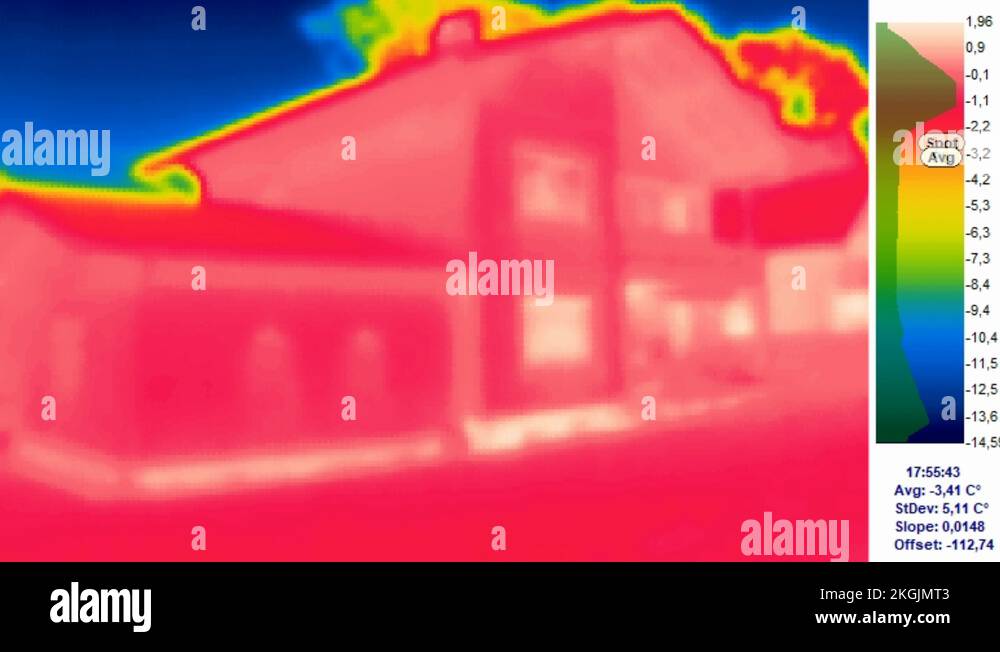 Thermal camera view, A house in cold surroundings, with color scale ...