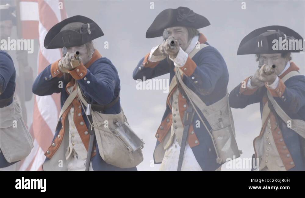 Rev War Continental Soldiers fire muskets into camera amidst smoke ...