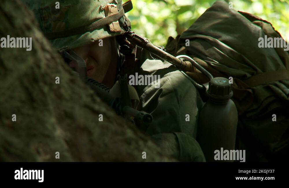 Vietnam War U.S. Marine / Soldier Fires an M-16 Rifle from behind ...