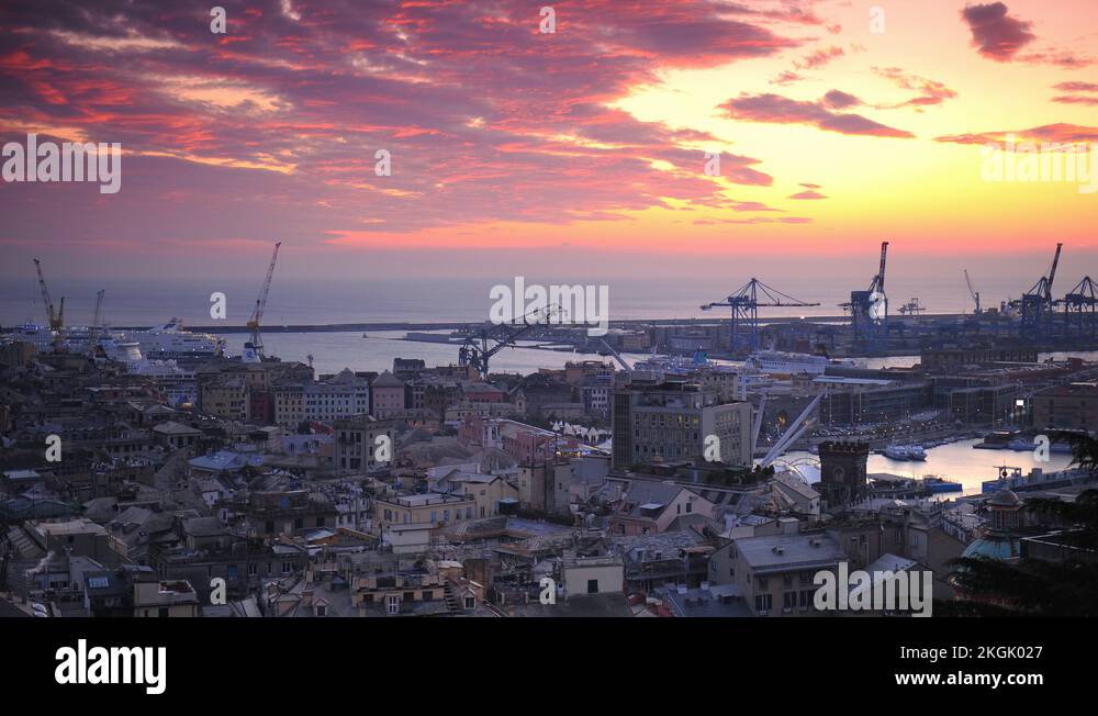 Time Lapse Aerial View of Genoa Skyline Old Port and Container Terminal ...