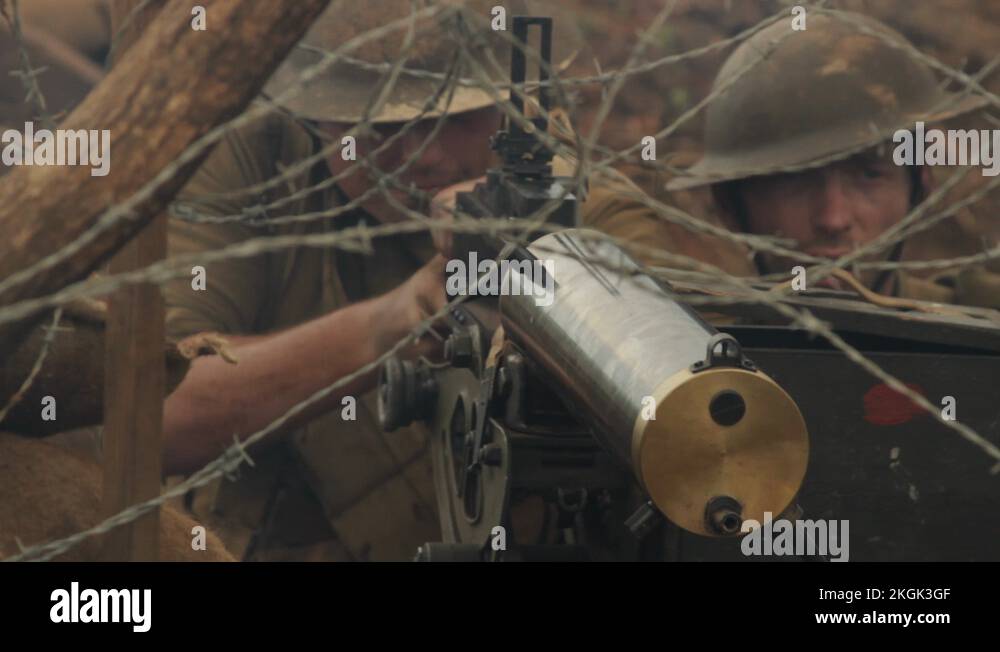 WW1 / Great War in the middle of Trench battle. Machine Gun in combat ...