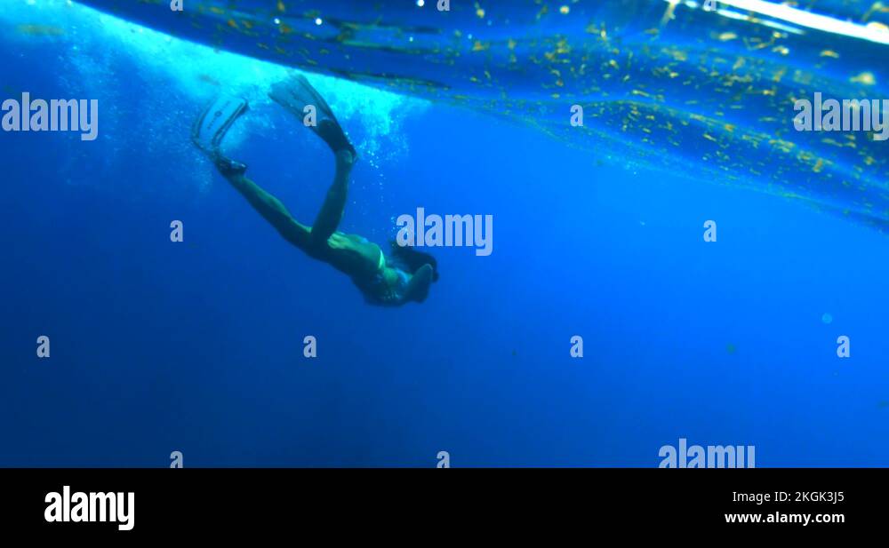 Woman Snorkeling In Bikini Underwater In Ocean Snorkeling Slow Motion