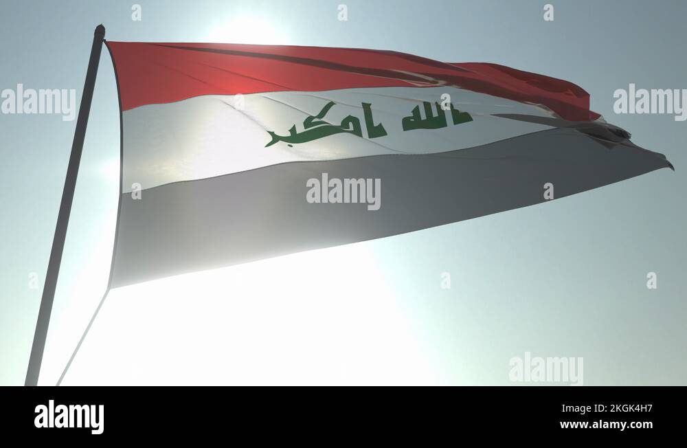 Waving flag of Iraq against shining sun and sky. Realistic loopable 3D ...
