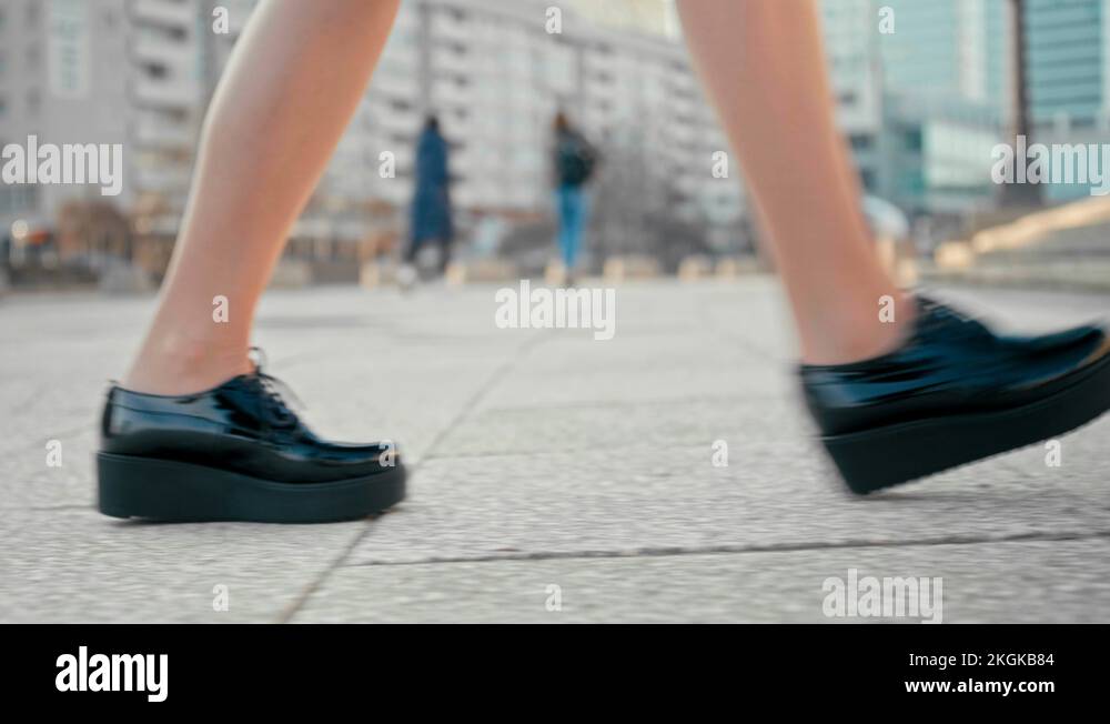 Female Feet in Patent Platform Shoes Making Steps to Climb Up Stairs ...