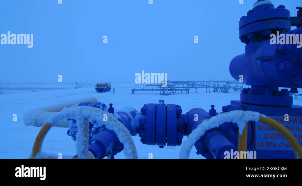 Valves on the pipeline of the oil and gas complex in the far north ...