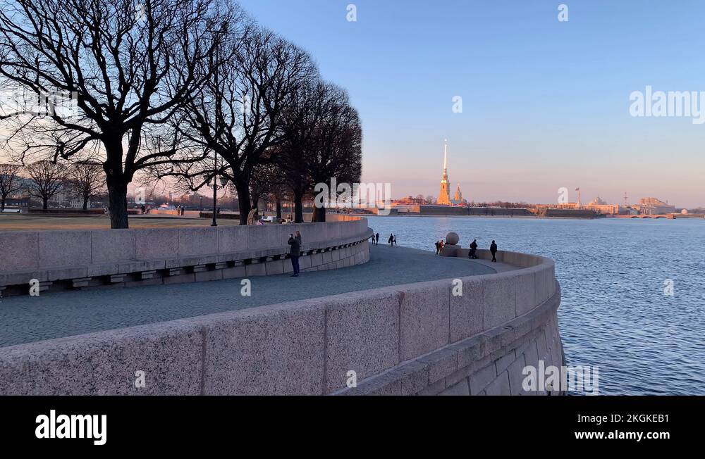 Stone descent to water at Rostral columns, a view of the Peter and Paul ...