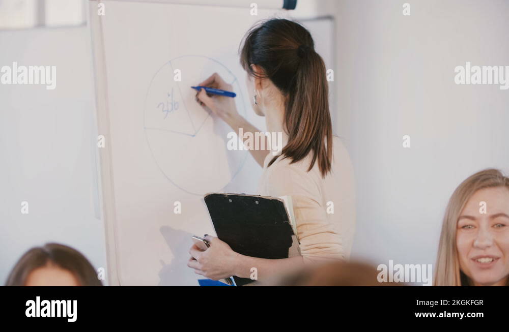 Back view young female office assistant drawing diagram circle on ...