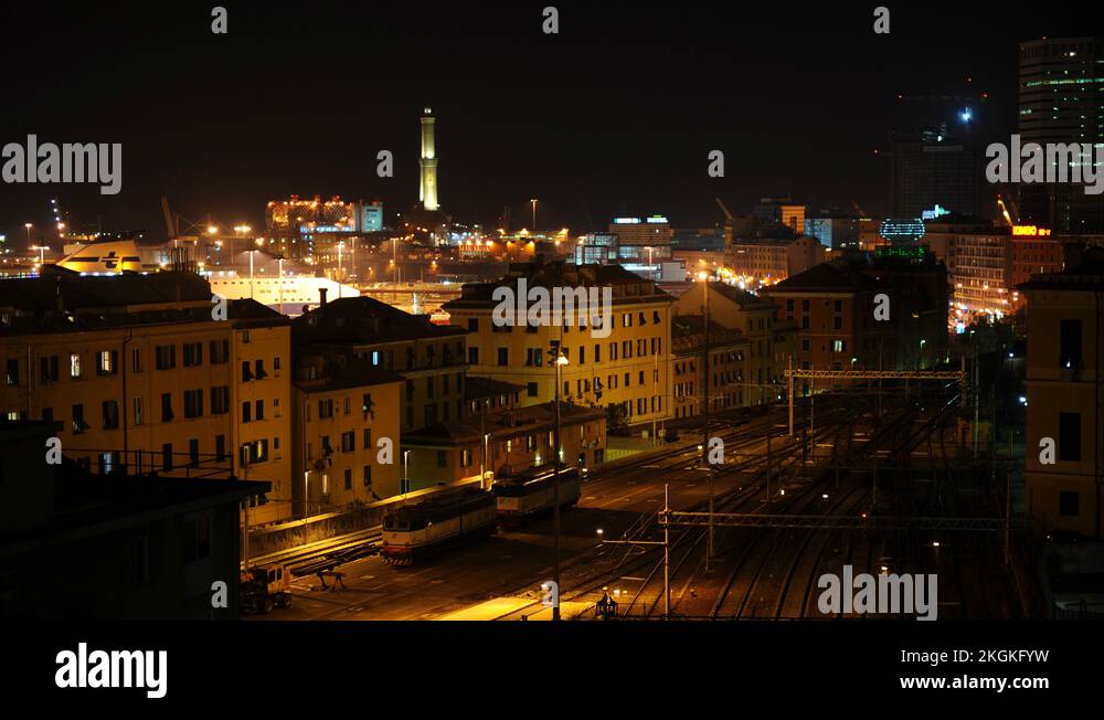 Time Lapse Aerial View of Genoa Skyline Office Towers and Train on ...