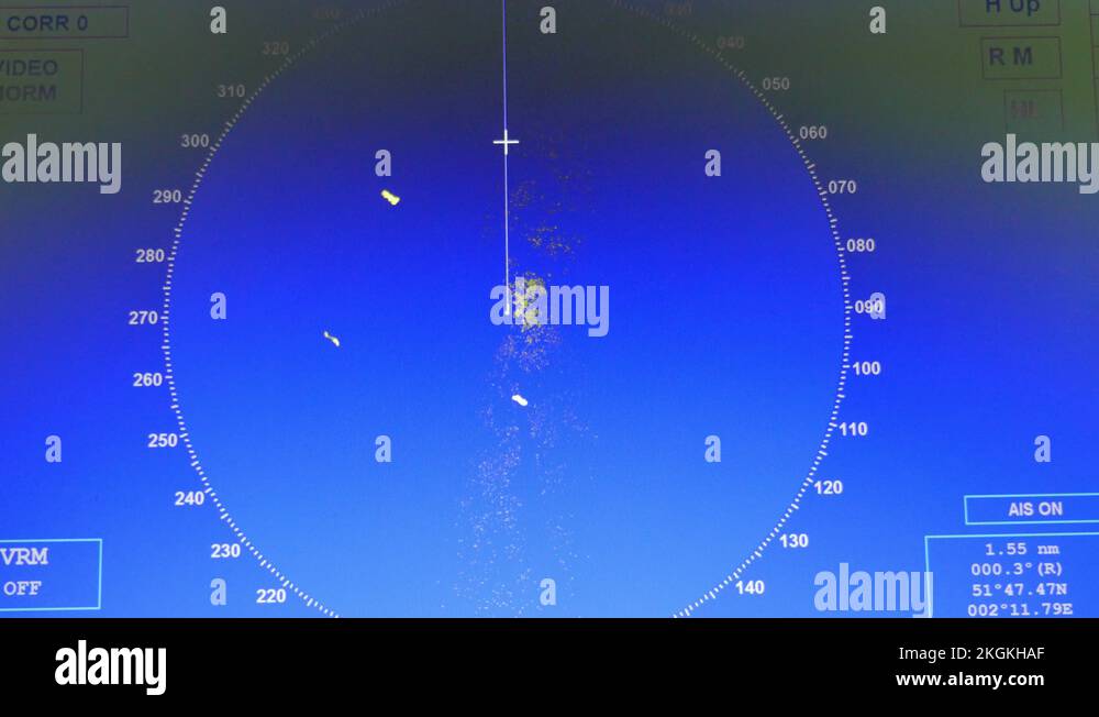 Radar monitor with a small cross, several white spots, 360 degrees and ...