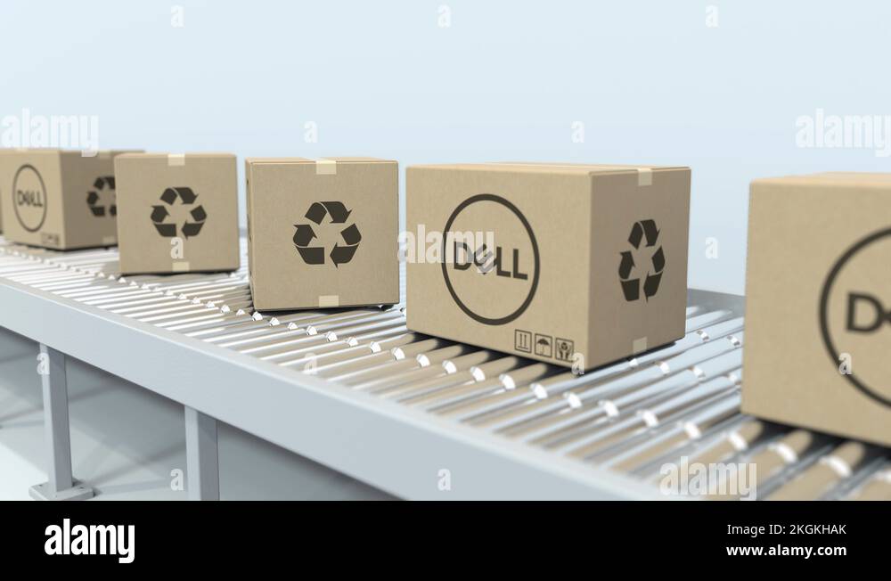 DELL logo on moving boxes on roller conveyor. Loopable editorial 3D ...