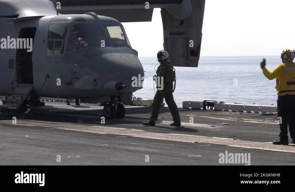 Aircraft handler signalling to pilot of MV-22 Osprey aboard USS Wasp ...