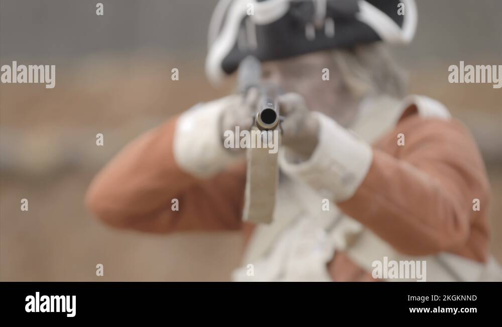 British Soldier fires his Flintlock Musket at the camera Stock Video ...