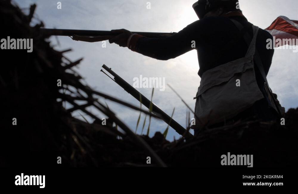 18th century Soldier with flag and Brown Bess Flintlock Musket in ...