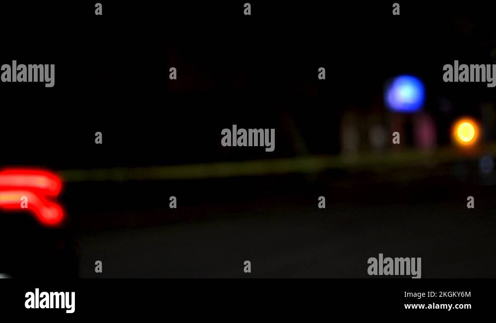 Panoramic crime scene view Police car Crime tape at night. Flashing ...