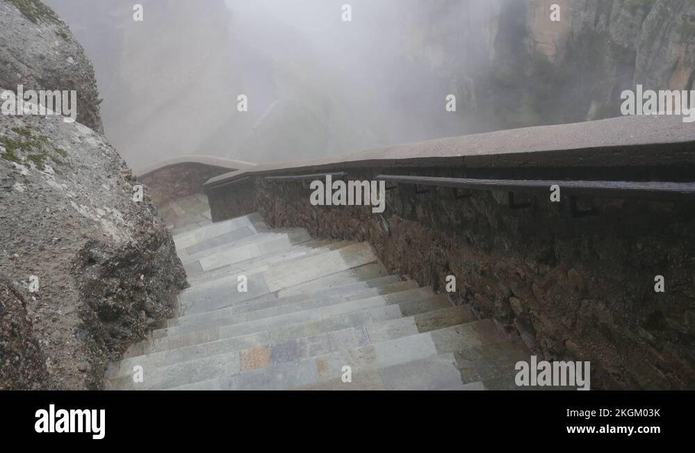 Varlaam monastery stairs in rainy foggy day and beautiful view of ...