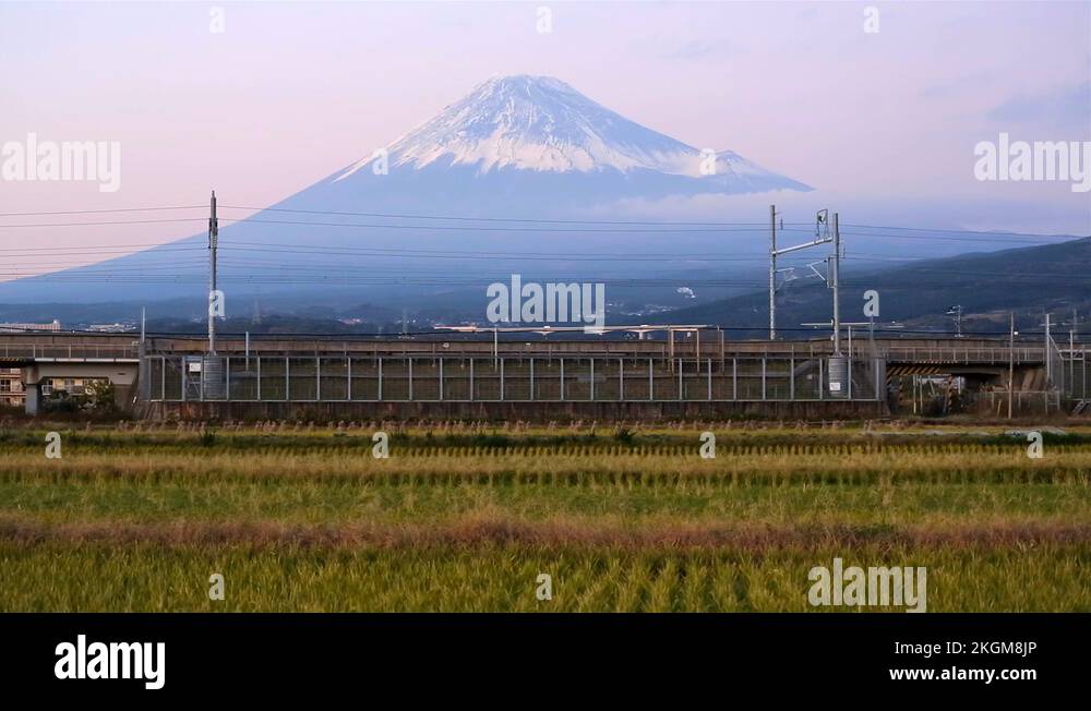 Japan, Honshu, Mount Fuji, Shinkansen Bullet Train passing through ...