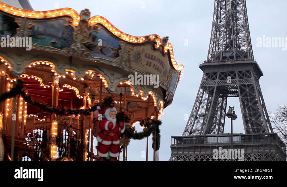 Eiffel Tower and Carousel (merry go round) in Paris, France, French ...
