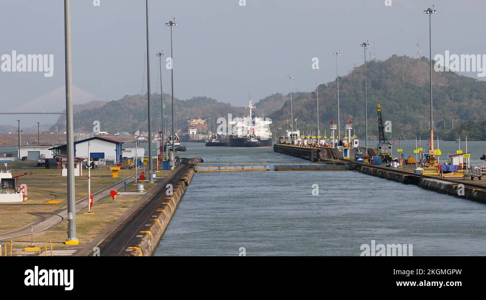 Panama Canal cargo ship tug boats closed upper lock POV 4K Stock Video ...