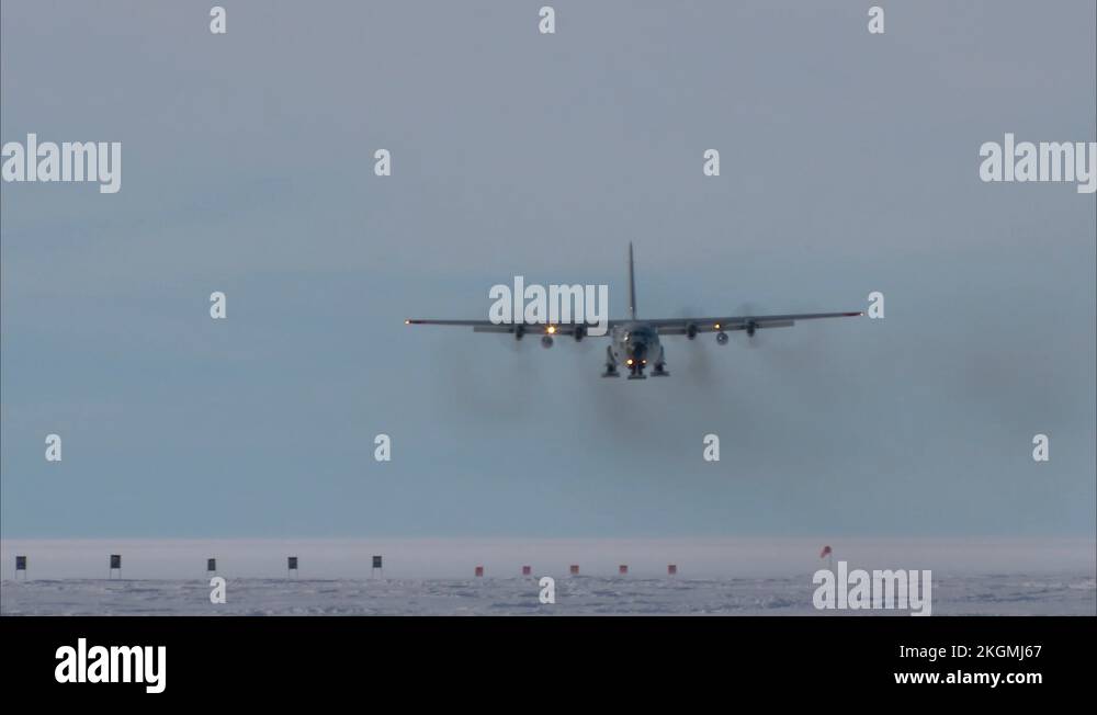 U.S. Air Force C-130 Hercules approaching snow runway in Greenland ...