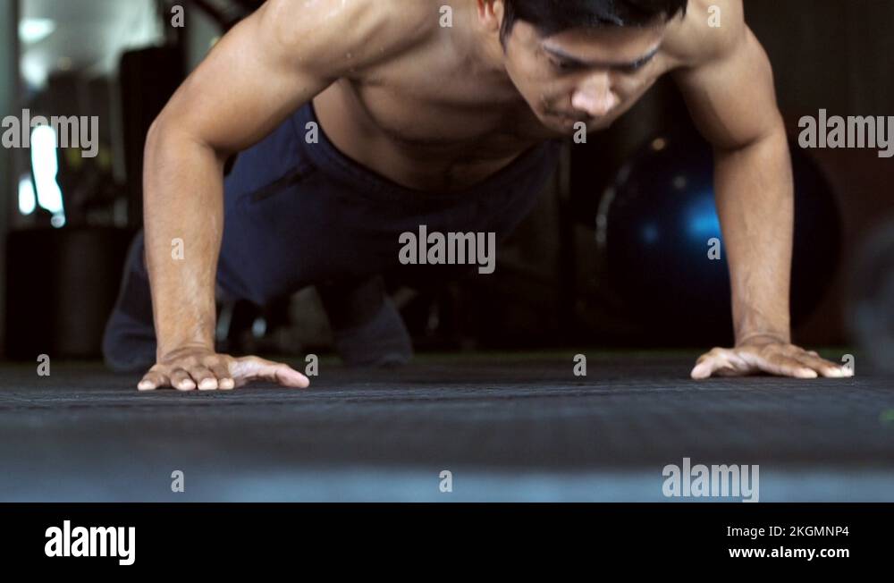 Asia Man Muscular Shirtless Man Covered in Sweat Does Push-ups in Gym ...