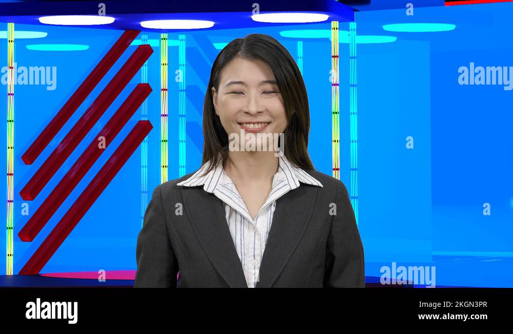 Virtual TV studio with female anchor, original design elements Stock ...