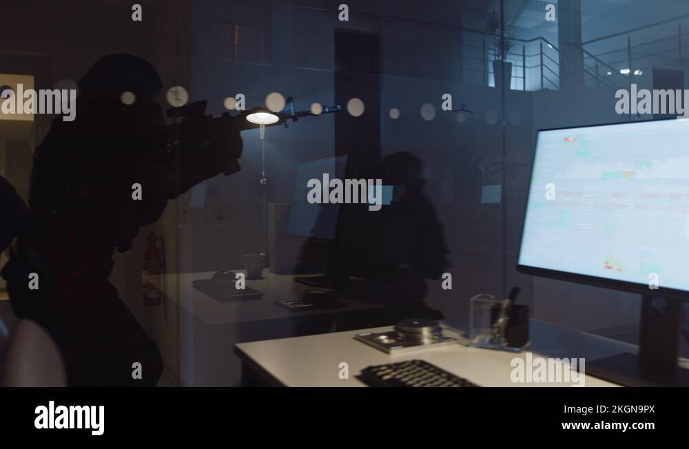 Masked Squad of Armed SWAT Police Officers Storm a Dark Seized Office ...