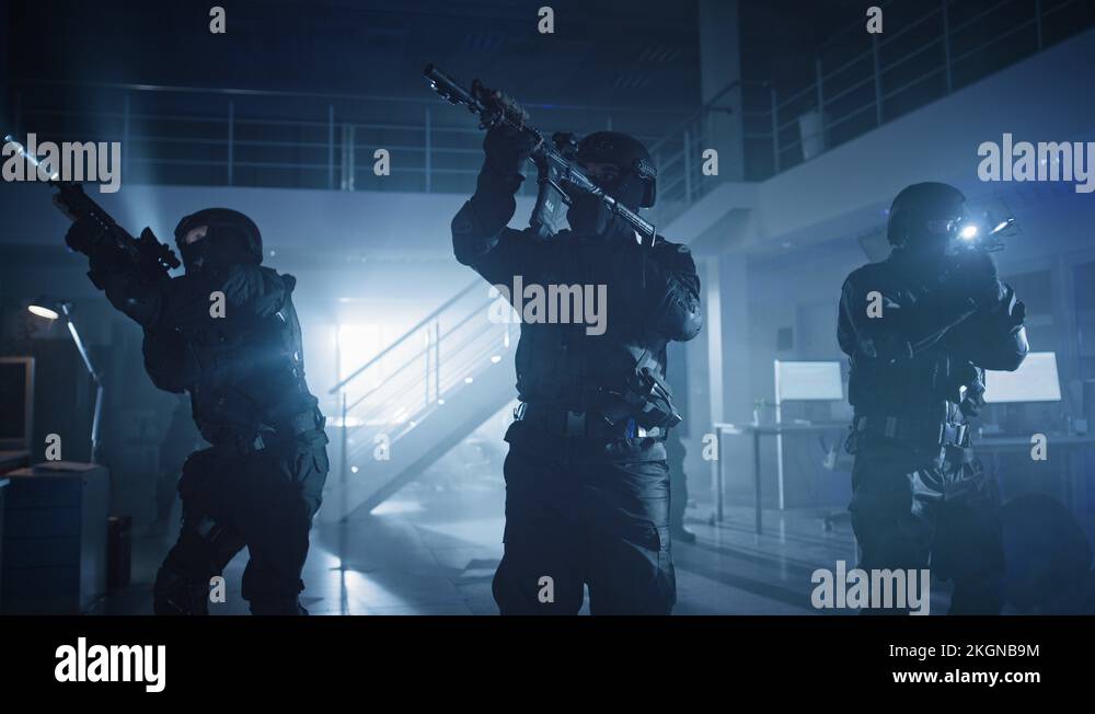 Masked Squad of Armed SWAT Police Officers Stand in Dark Seized Office ...