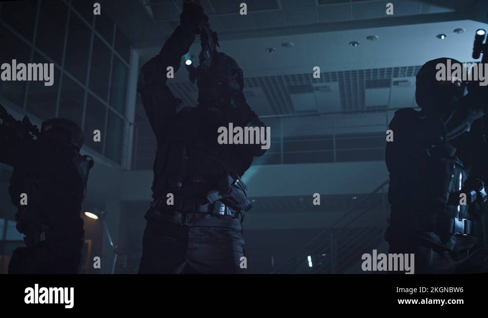 Masked Squad of Armed SWAT Police Officers Stand in Dark Seized Office ...