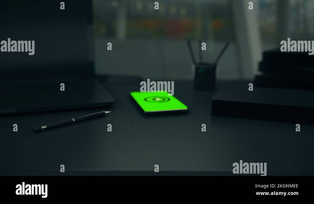 Smartphone with green screen in business office, mobile app, jib crane ...