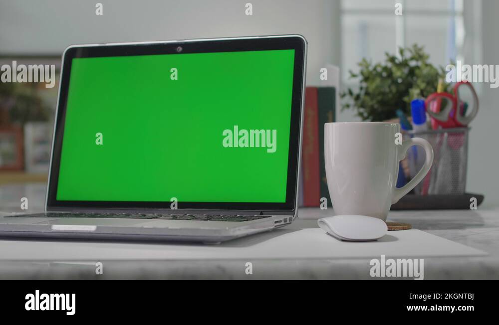 Laptop Green Screen, Home office, Dolly shot. Chroma Key laptop Stock ...
