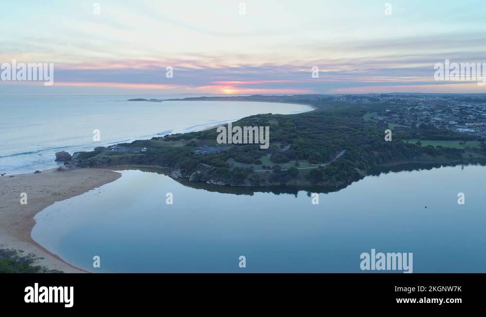 Flyover Hopkins River mouth towards Point Ritchie lookout facing the ...