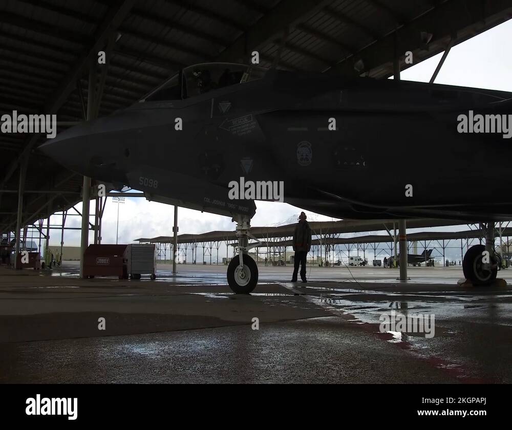 F-35A Lightning pilot conducts pre flight cockpit checks inside hangar ...