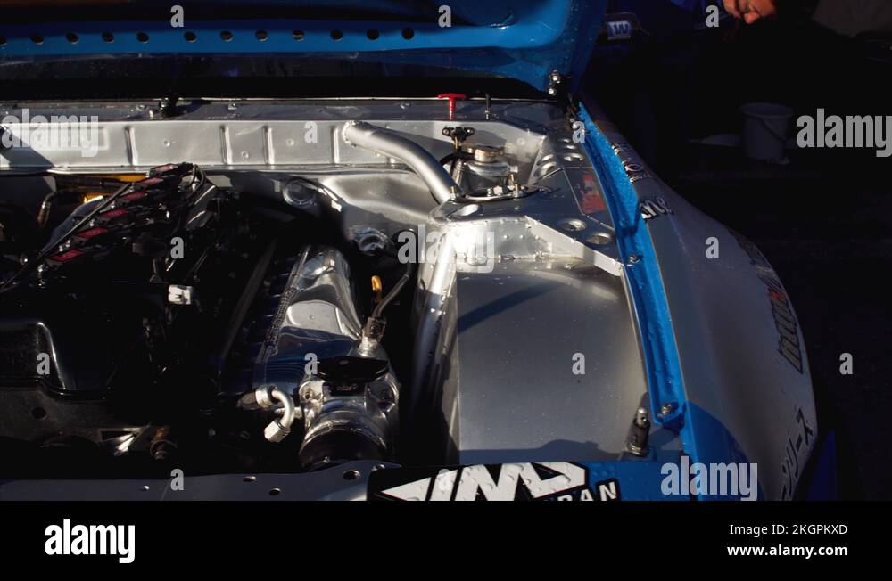 Sliding view of japanese racing car engine. Asia Pacific D1 Primring GP ...