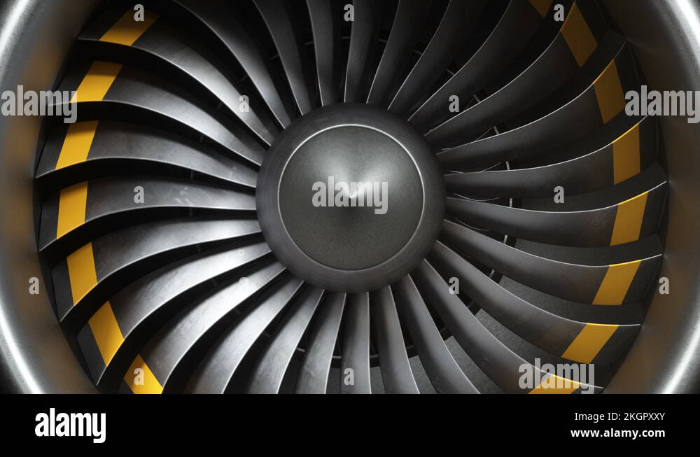 Animation jet engine, close-up view jet engine blades. Front view of a ...