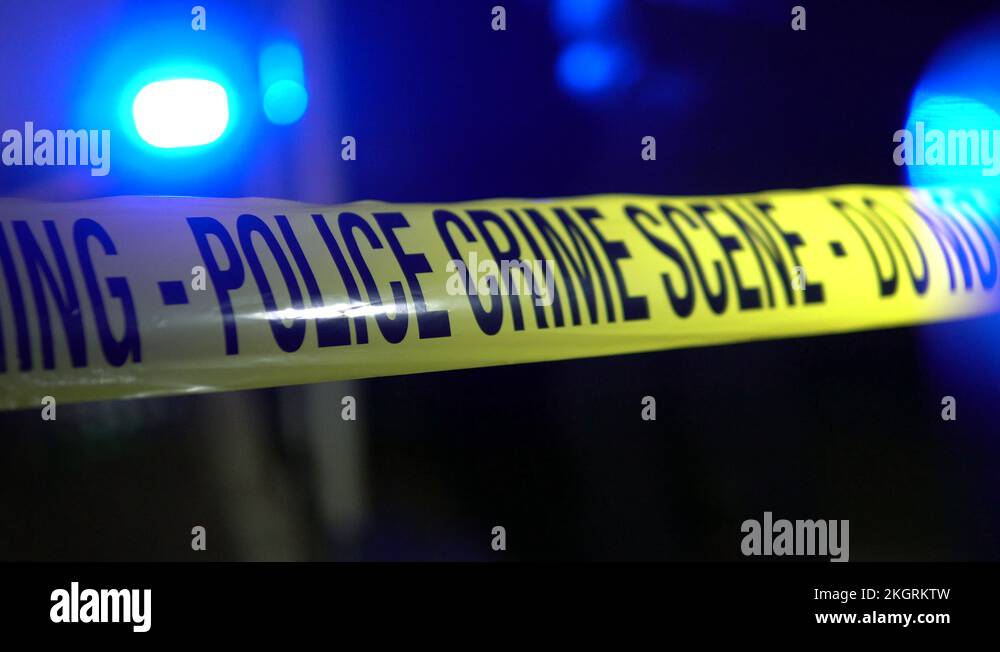 Police Tape At Crime Scene, Warning Sign And Flashing Lights At Night ...