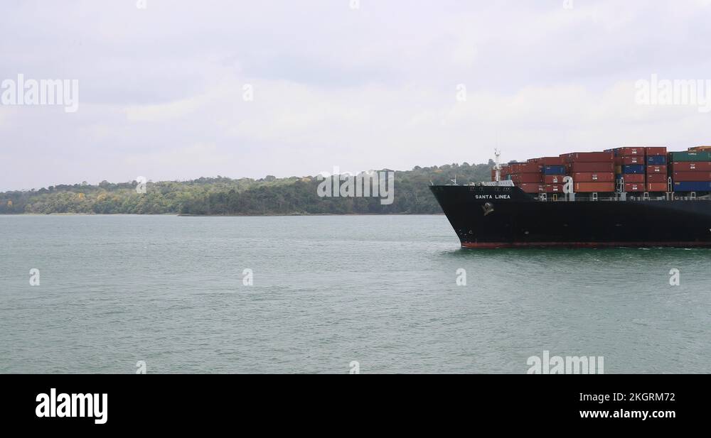 Panama Canal Gatun Lake passing cargo container ship fast 4K Stock ...