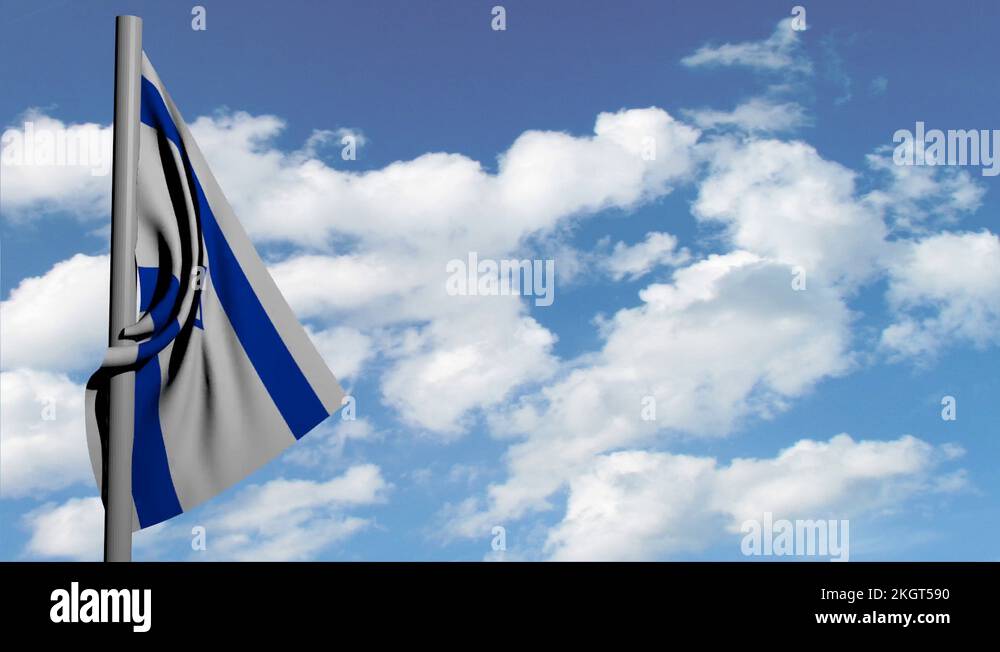 israeli flag on sky background with white clouds, computer 3d animation ...