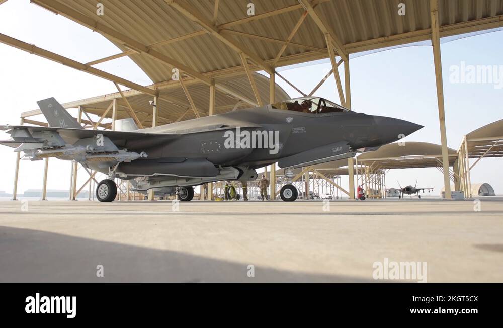F-35A Lightning II pilot prepares to taxi out of hangar at Al Dhafra ...