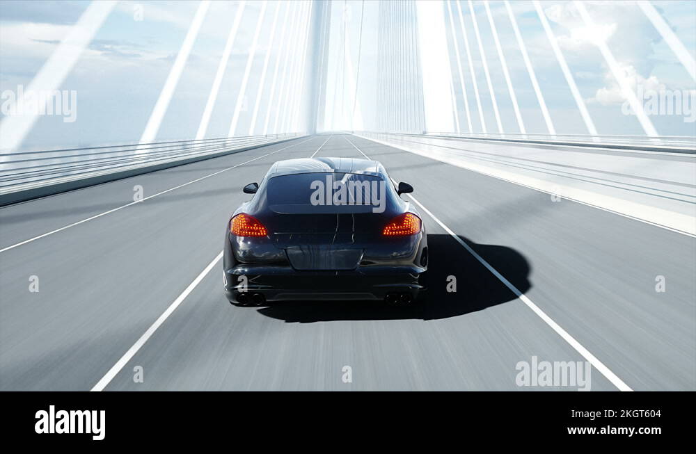 3d model of black sport car on the bridge. Very fast driving. realistic ...